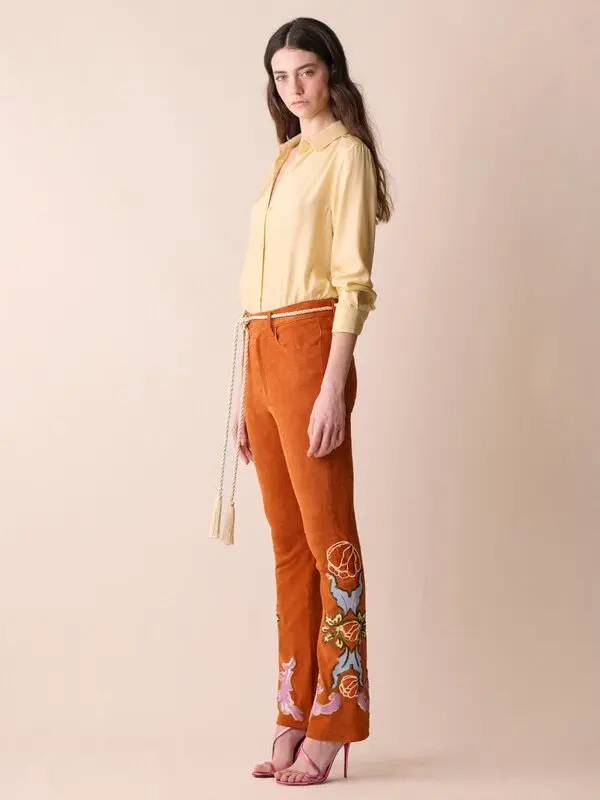 PAULA Capella Embroidered Suede Pants - Orange