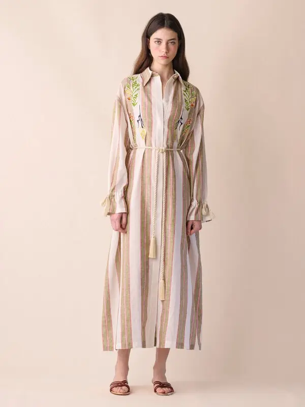 PAULA Linen Striped Embroidered Maxi Dress - Multicolour