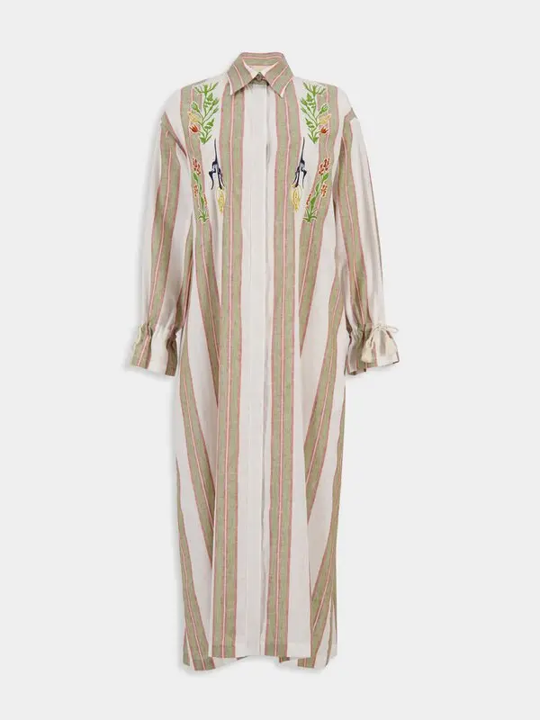 PAULA Linen Striped Embroidered Maxi Dress - Multicolour