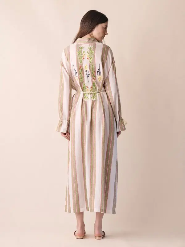 PAULA Linen Striped Embroidered Maxi Dress - Multicolour