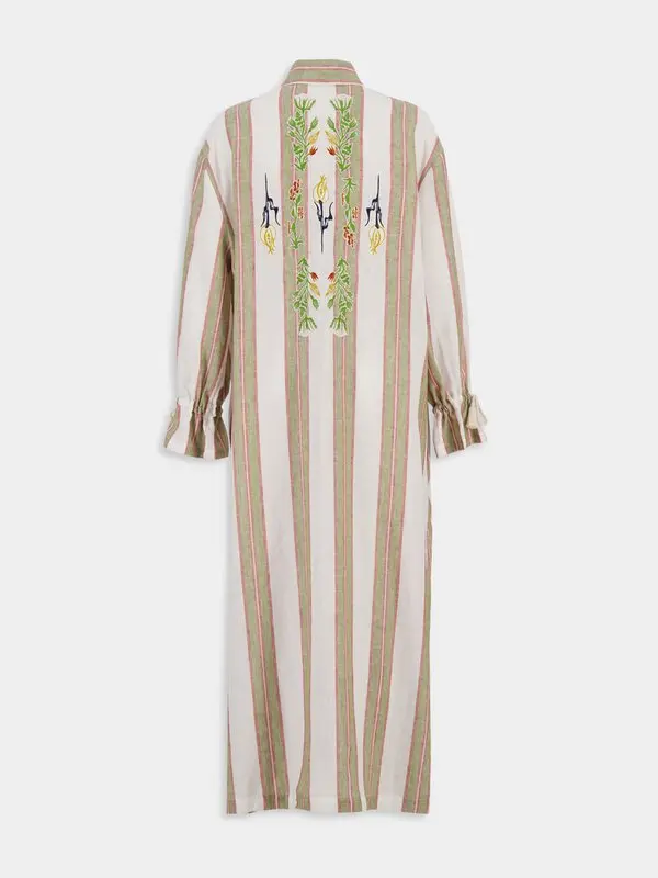 PAULA Linen Striped Embroidered Maxi Dress - Multicolour