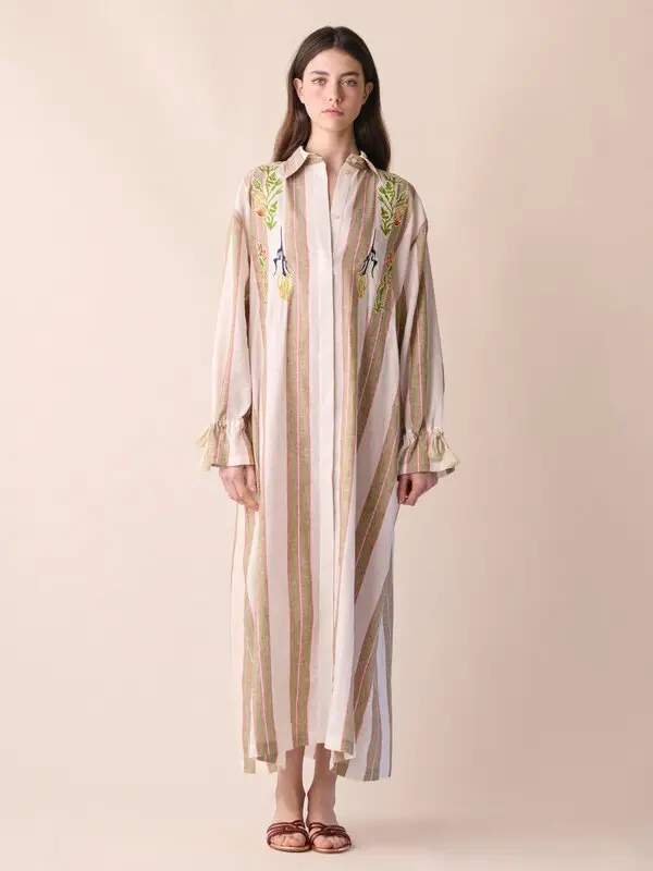 PAULA Linen Striped Embroidered Maxi Dress - Multicolour