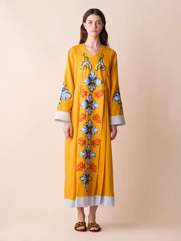 PAULA Crystal Linen Embroidered Maxi Dress - Multicolour