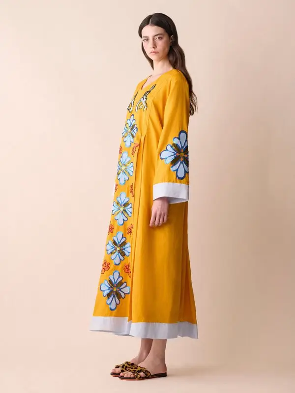 PAULA Crystal Linen Embroidered Maxi Dress - Multicolour