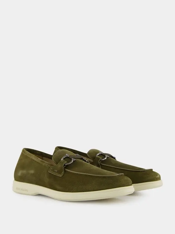 FERRAGAMO Suede Moccasins With Gancio Buckle - Grey