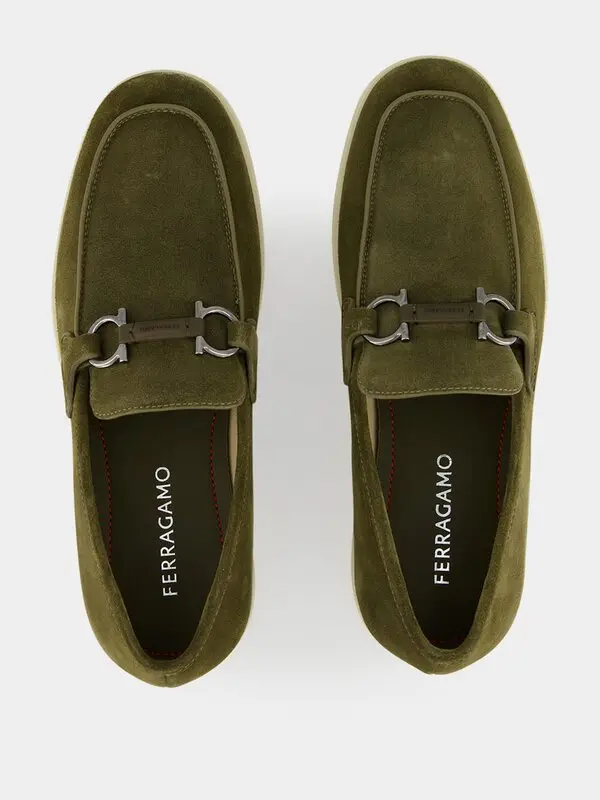 FERRAGAMO Suede Moccasins With Gancio Buckle - Grey