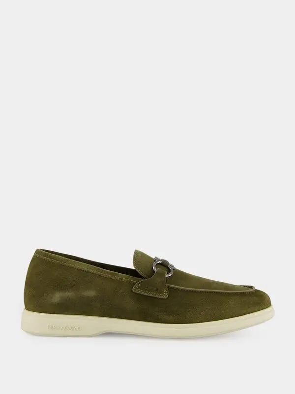 FERRAGAMO Suede Moccasins With Gancio Buckle - Grey
