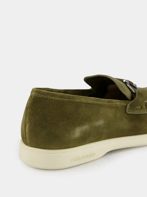 FERRAGAMO Suede Moccasins With Gancio Buckle - Grey