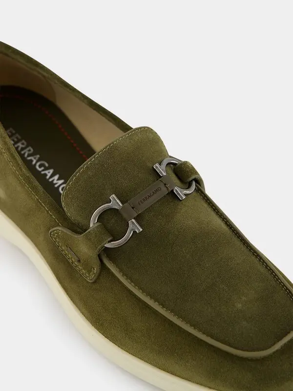 FERRAGAMO Suede Moccasins With Gancio Buckle - Grey
