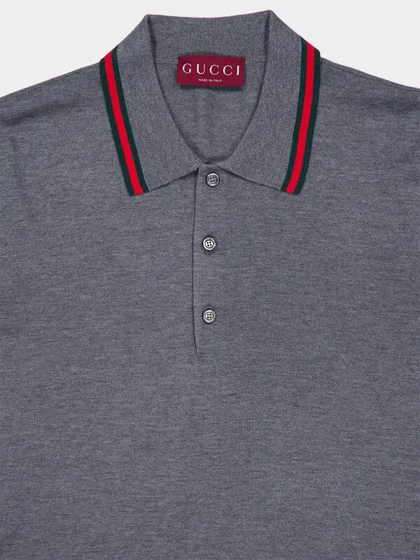 Gucci Dark Wool Knit Polo Shirt With Web - Grey