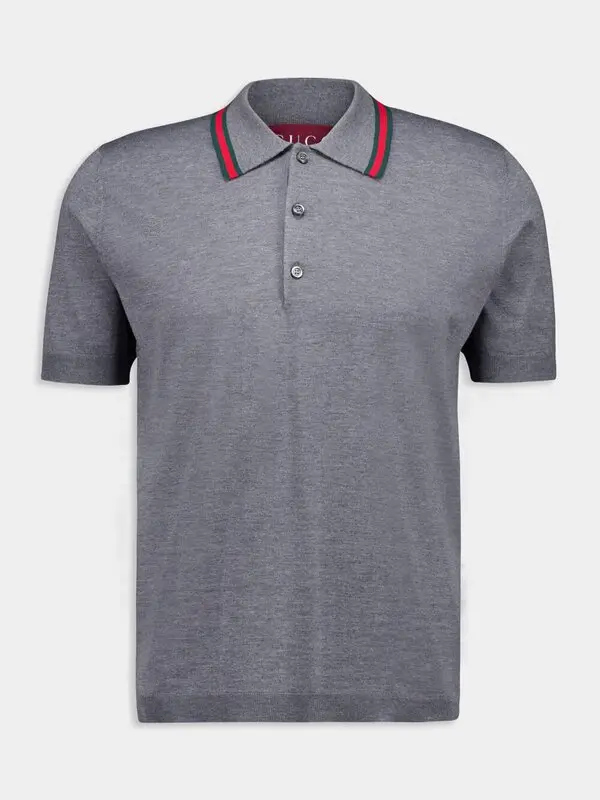 Gucci Dark Wool Knit Polo Shirt With Web - Grey
