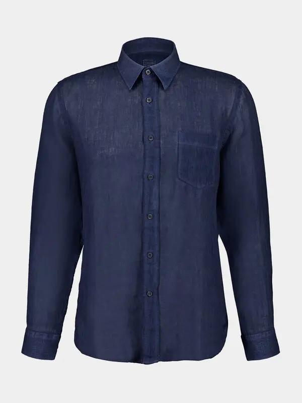 120% Lino Navy Faded Linen Long-sleeve Shirt