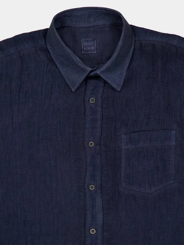 120% Lino Navy Faded Linen Long-sleeve Shirt