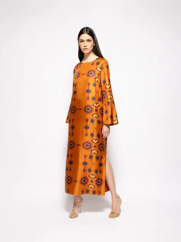 PAULA Shirley Hawaii Flower Printed Silk Twill A-line Dress - Orange