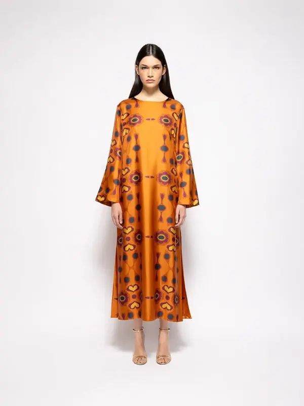 PAULA Shirley Hawaii Flower Printed Silk Twill A-line Dress - Orange
