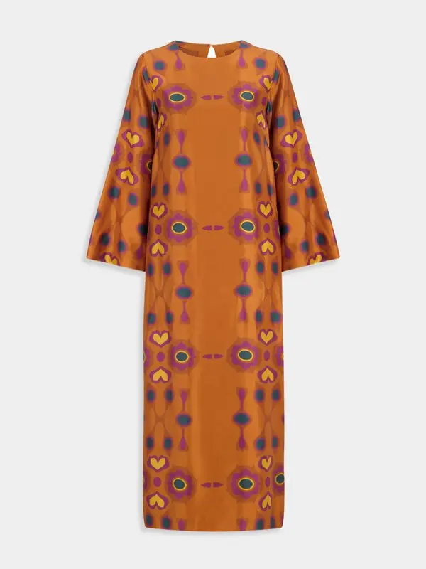 PAULA Shirley Hawaii Flower Printed Silk Twill A-line Dress - Orange