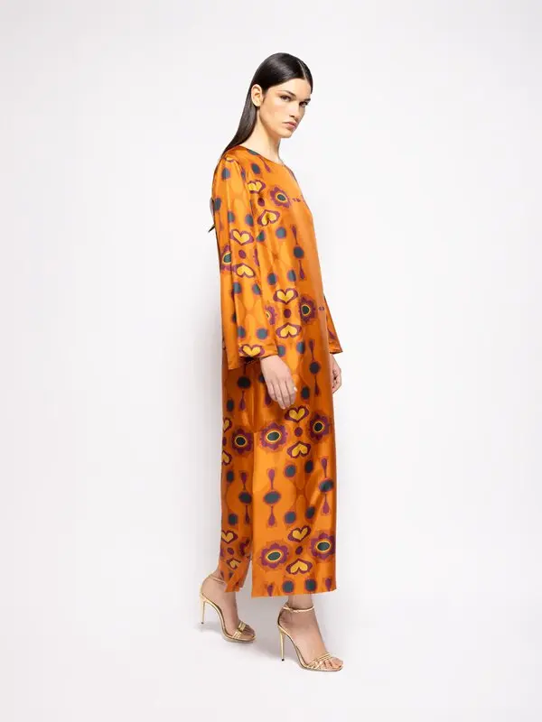 PAULA Shirley Hawaii Flower Printed Silk Twill A-line Dress - Orange