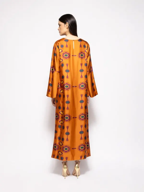 PAULA Shirley Hawaii Flower Printed Silk Twill A-line Dress - Orange