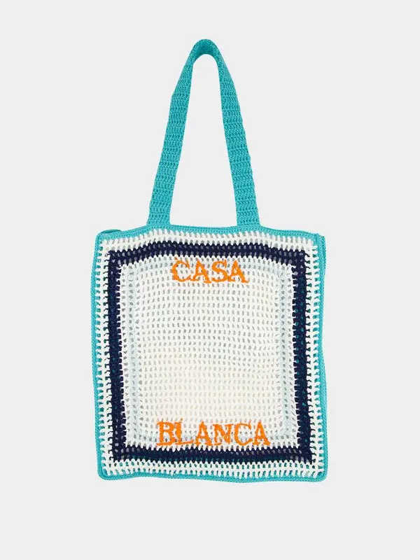 Casablanca Tennis Stripe Crochet Cotton Shoulder Bag - Blue