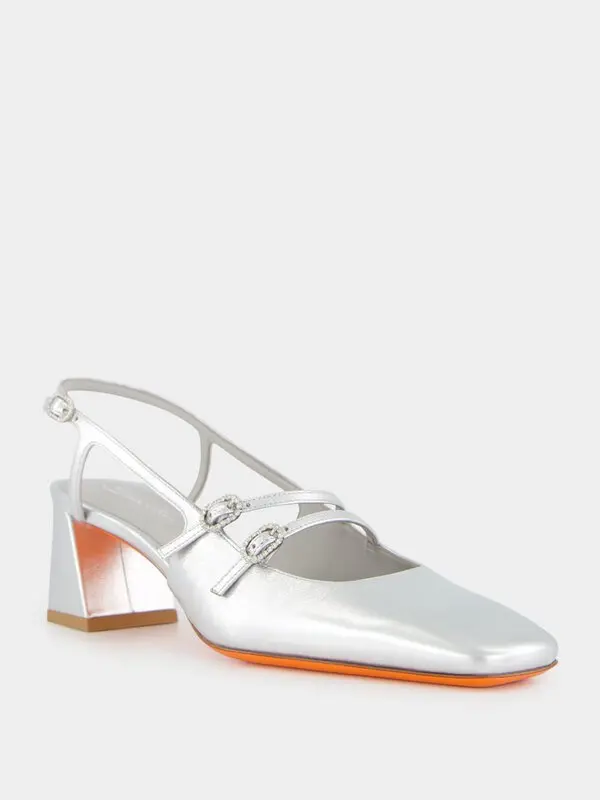 Santoni Aurora Mid-heel Slingback Pumps - Silver
