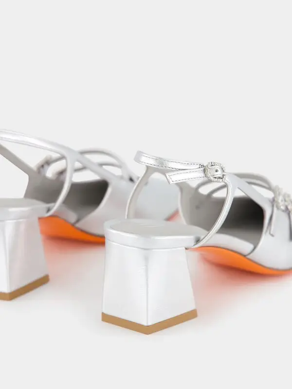 Santoni Aurora Mid-heel Slingback Pumps - Silver