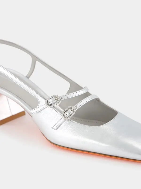 Santoni Aurora Mid-heel Slingback Pumps - Silver