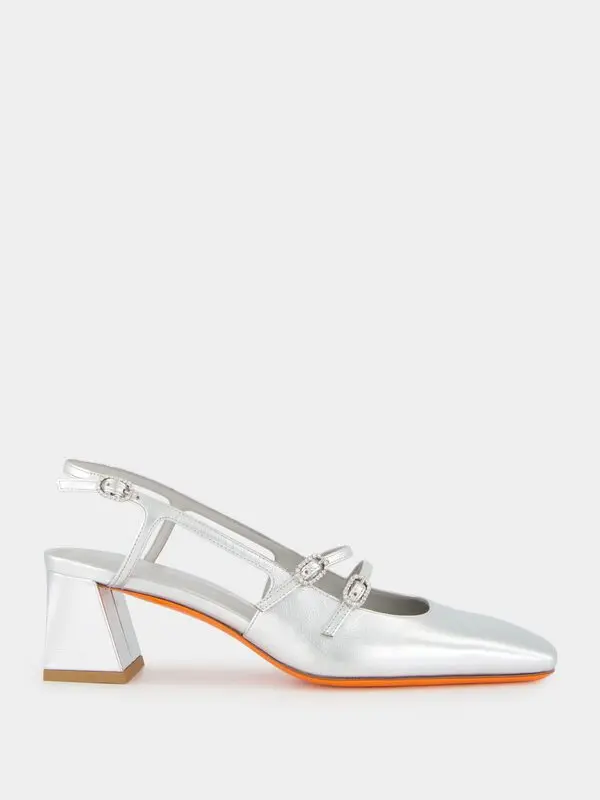 Santoni Aurora Mid-heel Slingback Pumps - Silver