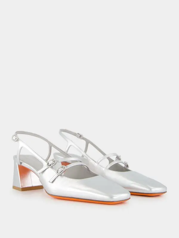 Santoni Aurora Mid-heel Slingback Pumps - Silver