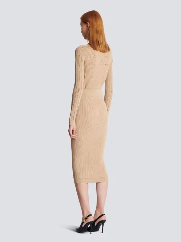 Balmain Ribbed Knit Midi Skirt - Beige