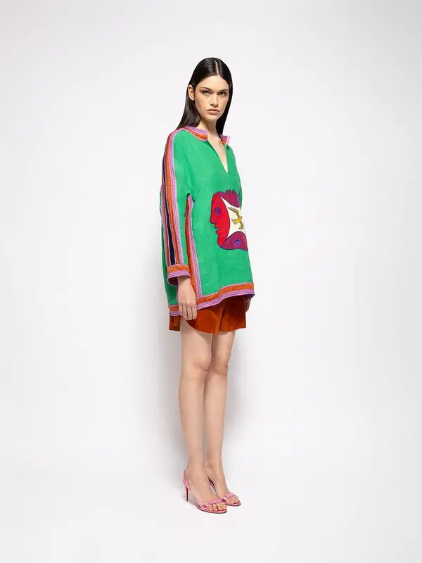 PAULA Myosolis Jolly Linen Top With Embroidered Patches