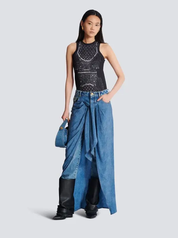 Balmain Denim Jeans With Draped Skirt - Blue
