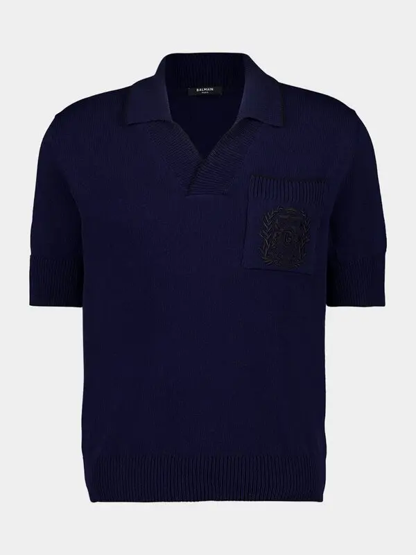 Balmain Navy Écusson Embroidered Knit Polo Shirt - Blue