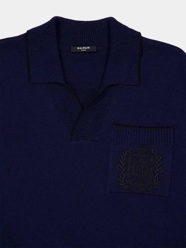 Balmain Navy Écusson Embroidered Knit Polo Shirt - Blue