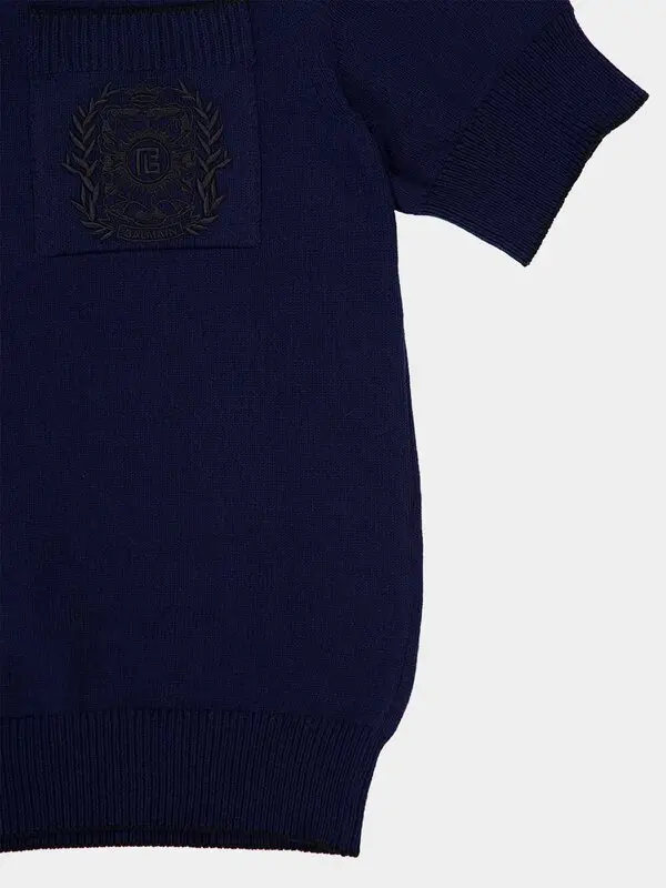 Balmain Navy Écusson Embroidered Knit Polo Shirt - Blue