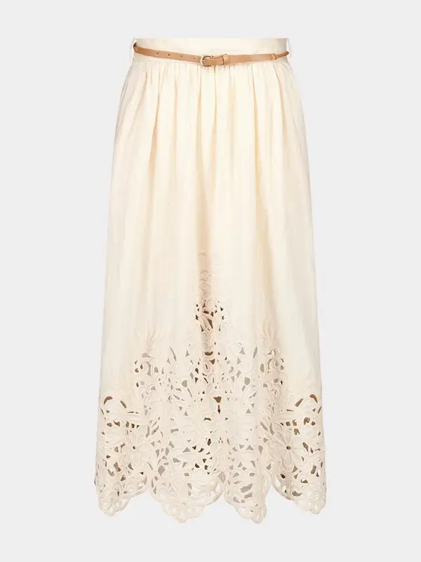 Zimmermann Embroidered Linen Midi Skirt - Cream