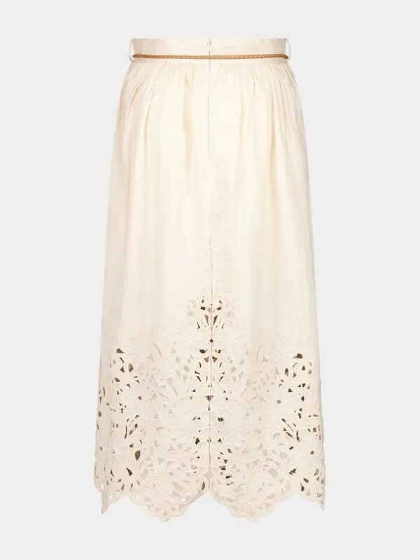 Zimmermann Embroidered Linen Midi Skirt - Cream