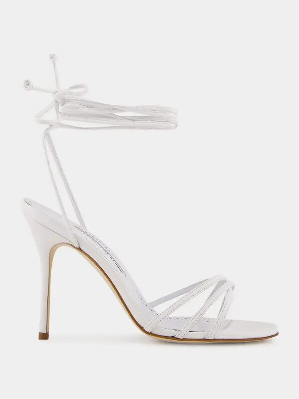 Manolo Blahnik Ankle-tie Nappa Leather Sandals - White