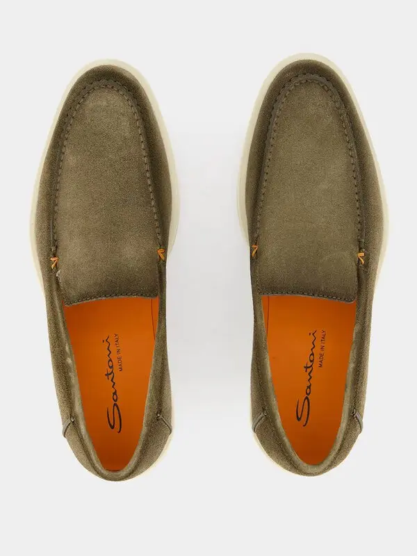 Santoni Nubuck Leather Suede Loafers - Green