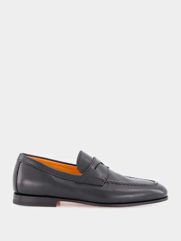 Santoni Polished Penny Leather Loafers - Black