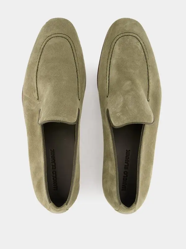 Manolo Blahnik Khaki Truro Suede Loafers - Green