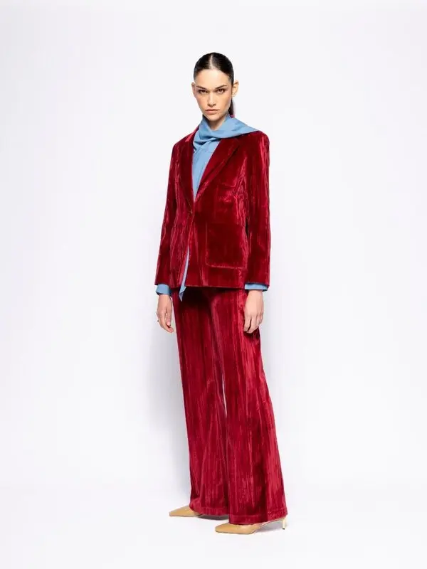 PAULA Morchella Cabernet Velvet Plissé Pants - Red