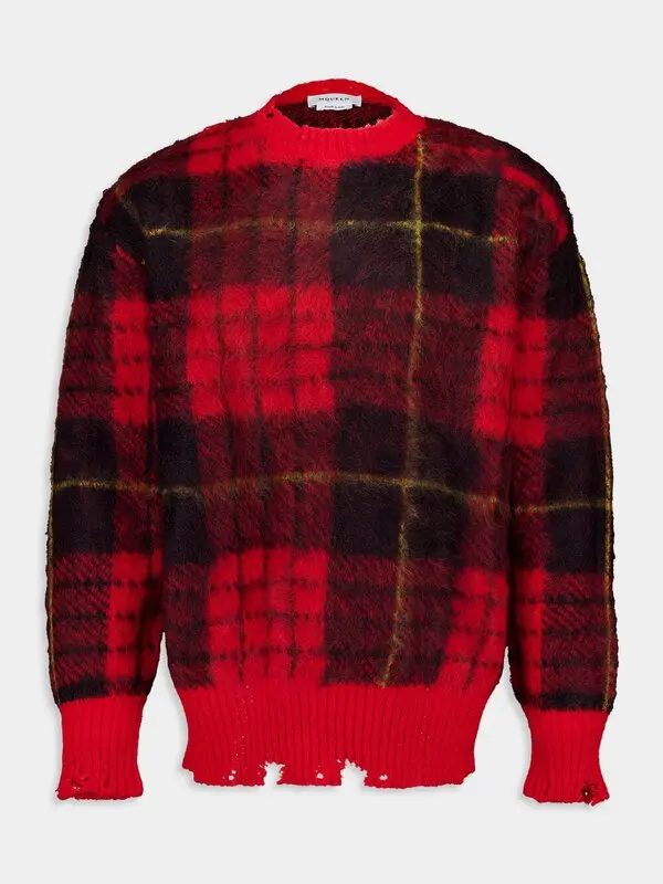 Alexander McQueen Tartan Oversized Mohair Distressed Jumper - Red