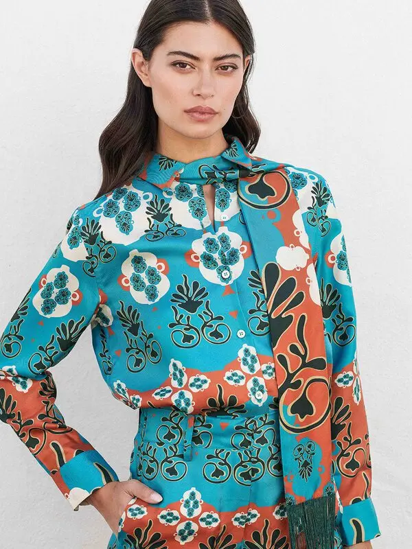 PAULA Printed Twill Silk Shirt - Blue
