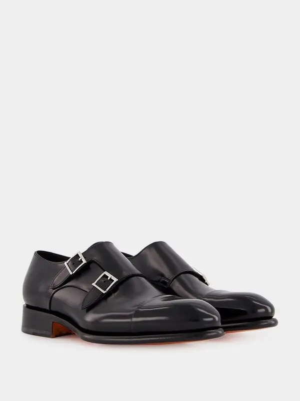 Santoni Leather Double-buckle Shoes - Black