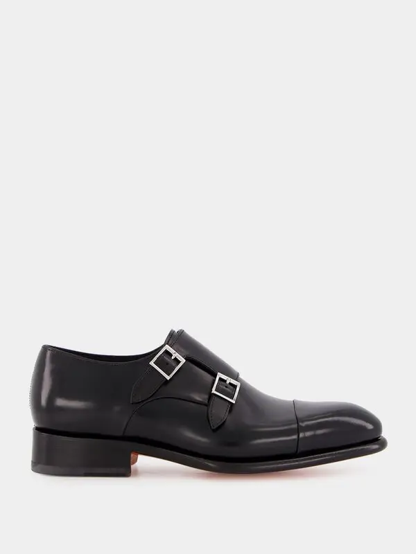 Santoni Leather Double-buckle Shoes - Black