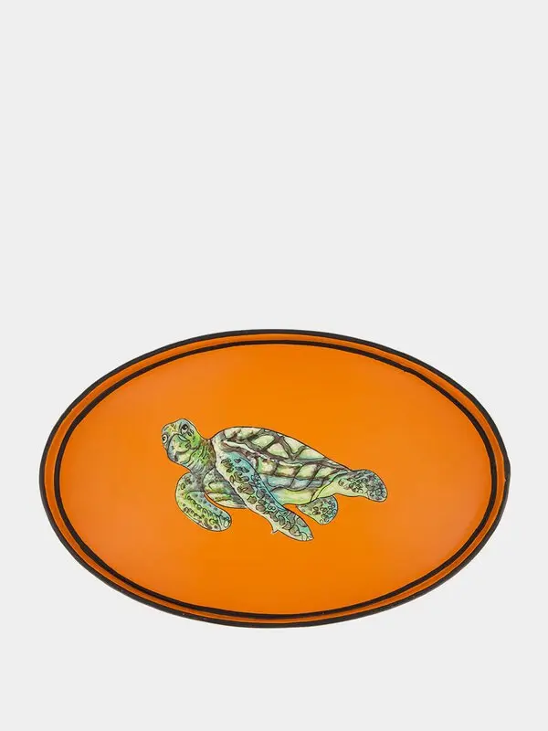LES-OTTOMANS Handpainted Turtle Iron Tray - Orange