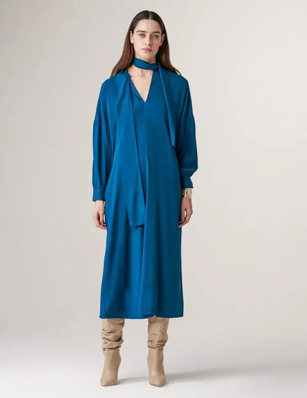 PAULA Safira Tie-neck Silk Dress - Blue