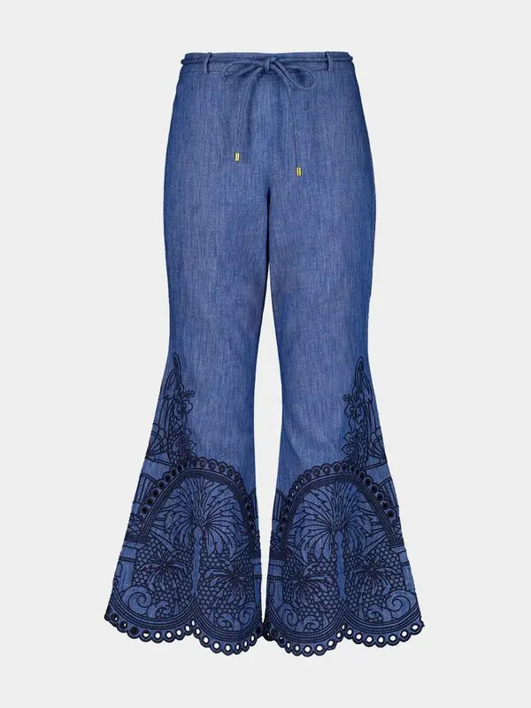 Zimmermann Coco Embroidered Denim Pant - Blue