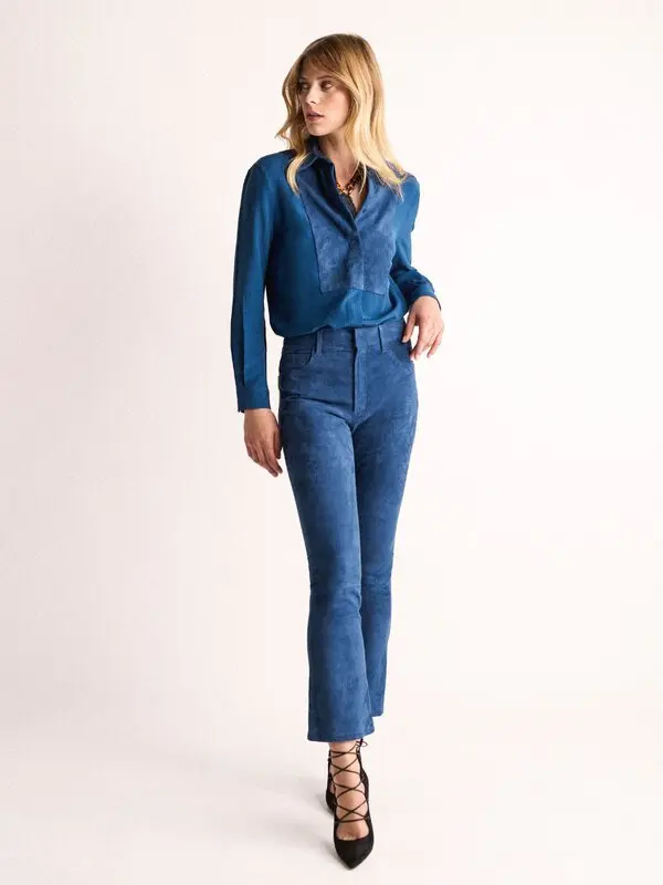 PAULA Zircon Poseidon Flared Suede Pants - Blue