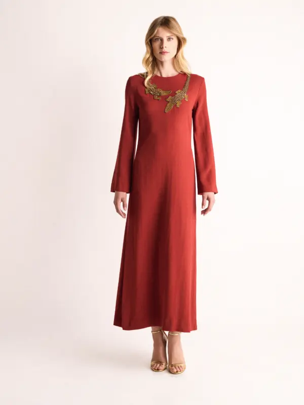 PAULA Enoki Burnt Henna Midi Dress - Red
